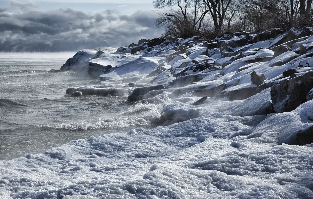 Wallpaper waves, storm, winter, rocks, snow, seacoast for mobile and ...
