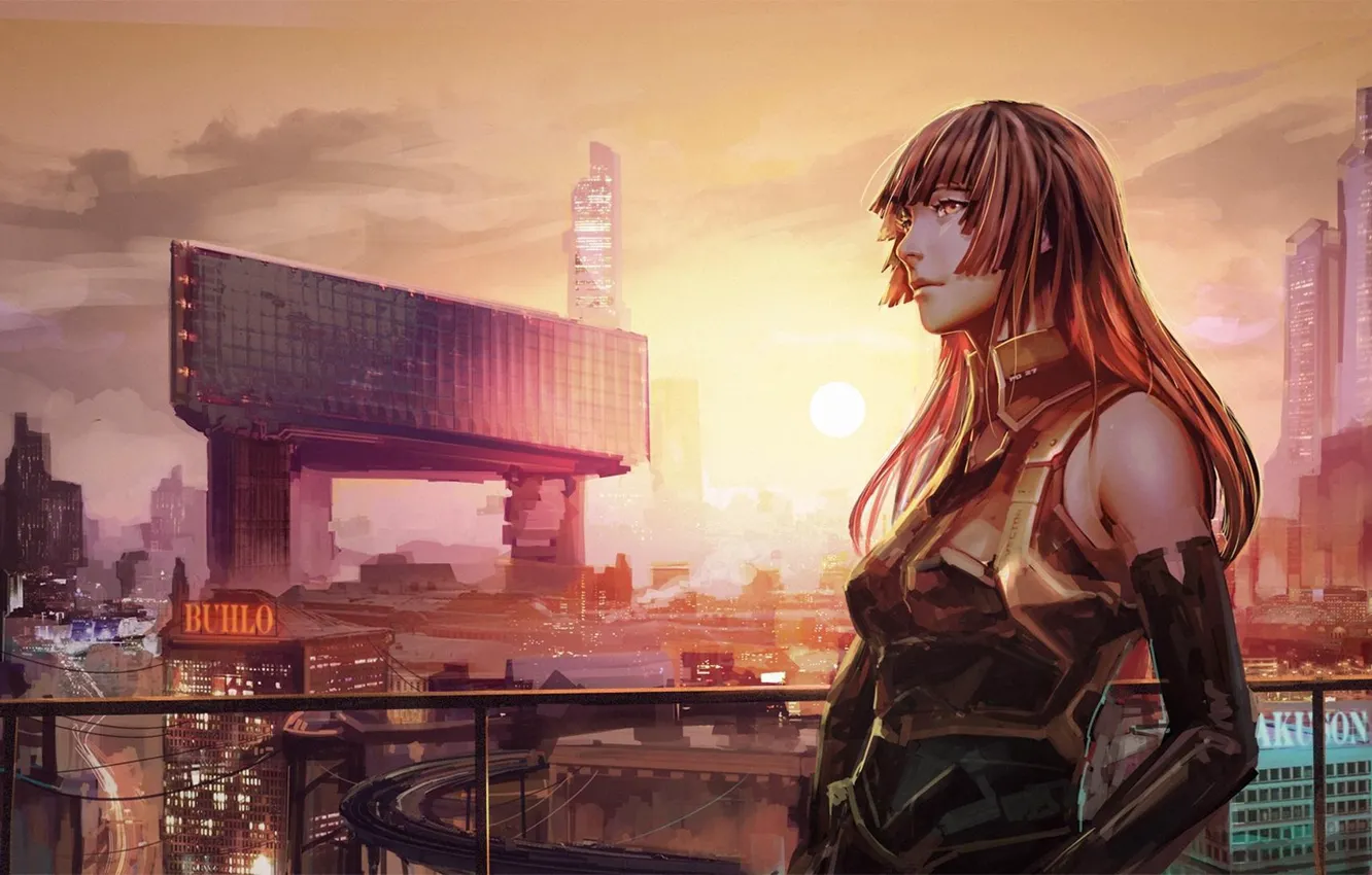 Wallpaper girl, sunset, future, girl, megapolis, sky, landscape, art ...