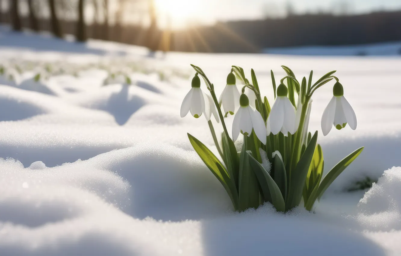 Wallpaper snow, flowers, spring, snowdrops, the snow, white, AI art ...