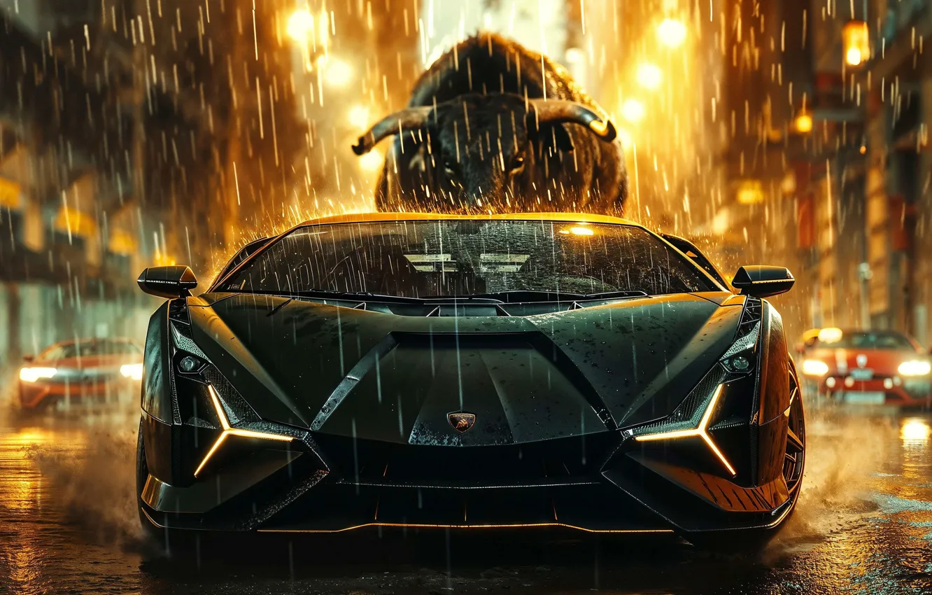 Wallpaper Black, Lamborghini, Rain, Bull, Art, Bull, Front, Lamborghini ...