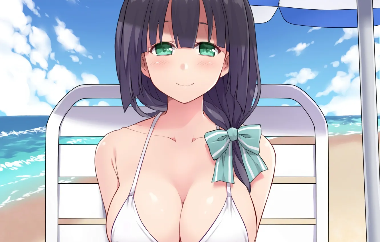 Wallpaper girl, sexy, cleavage, beach, sky, green eyes, long hair, sea for mobile and desktop ...