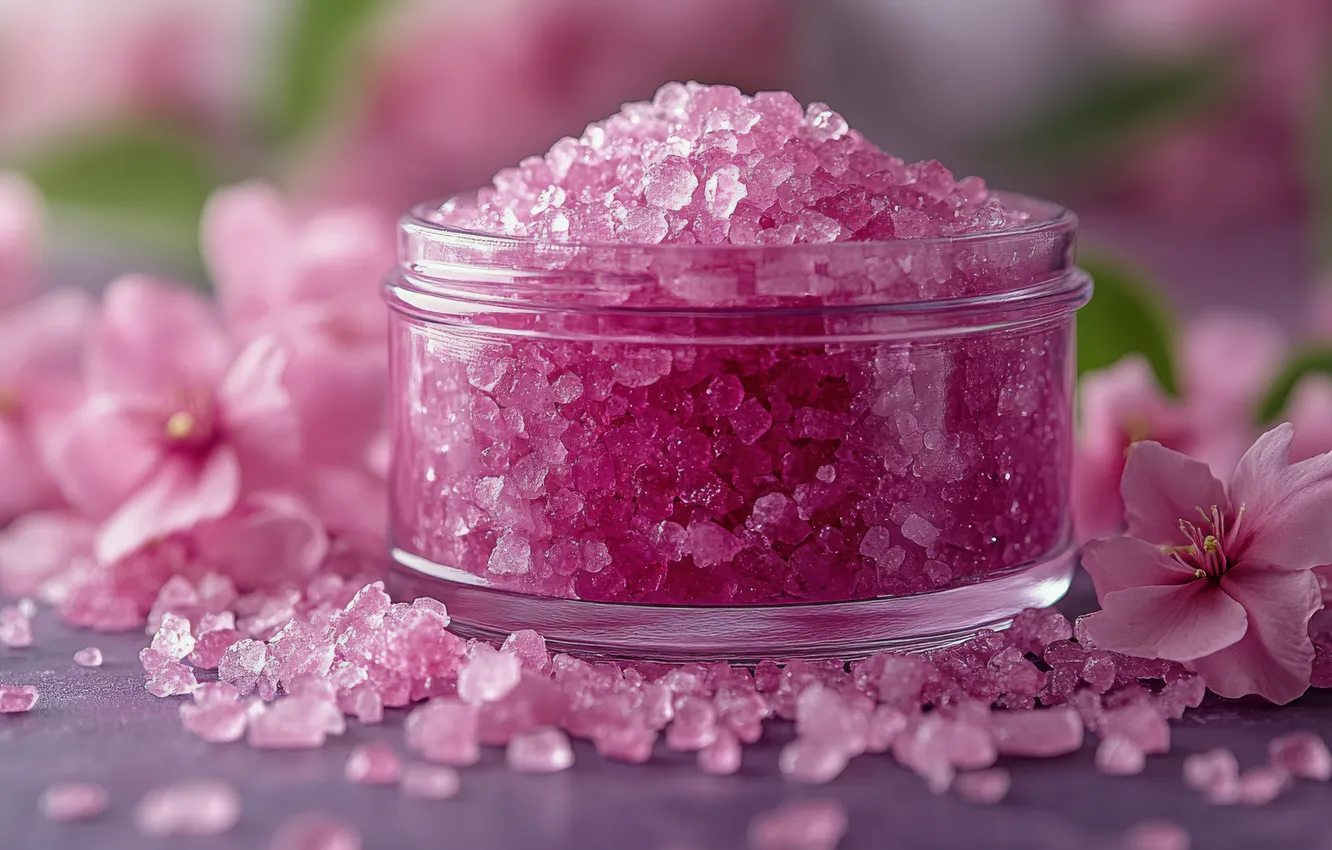Wallpaper flowers, table, jars, pink, cosmetics, bokeh, salt, bath salt ...
