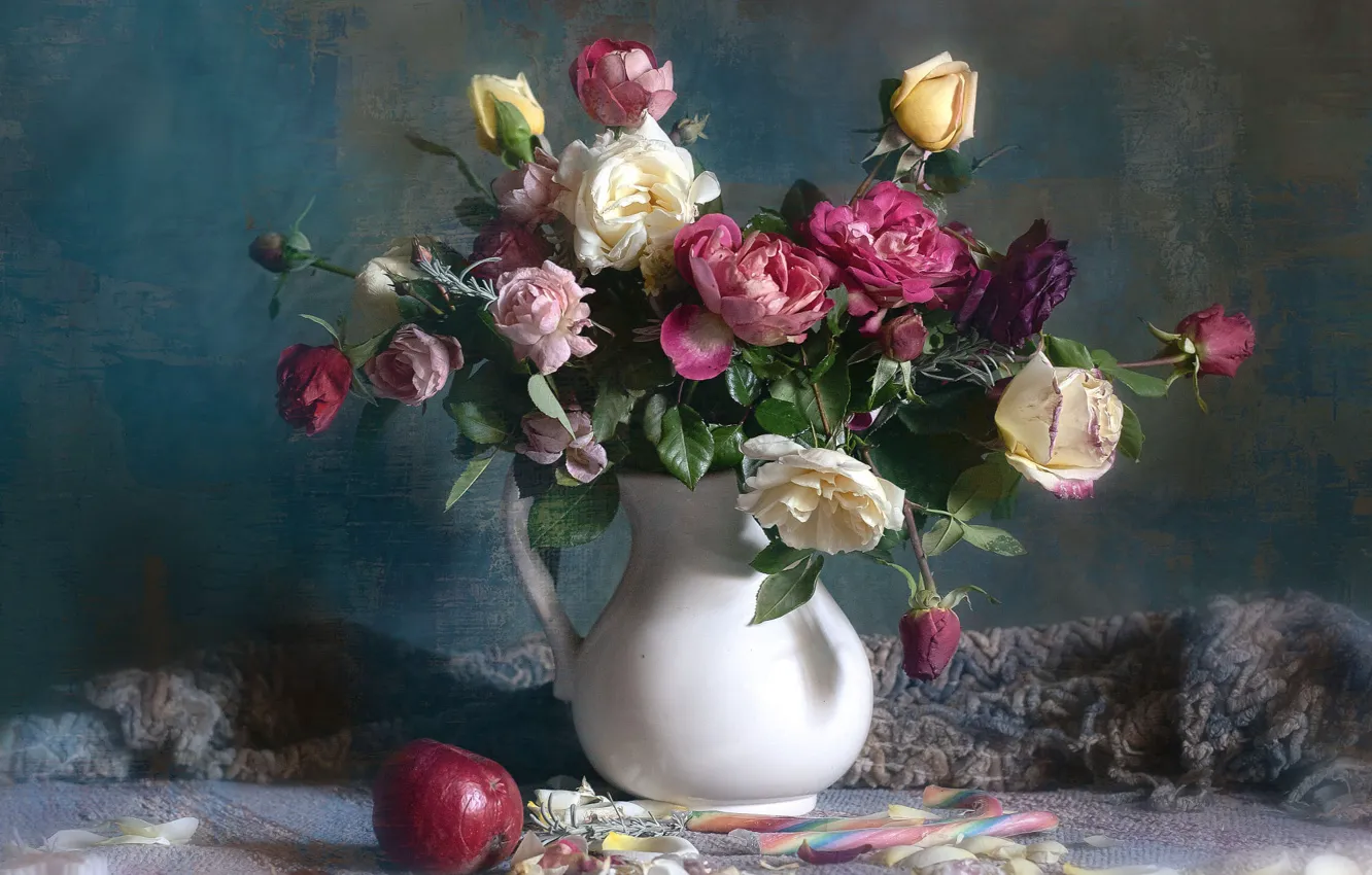 Wallpaper flowers, Apple, roses, bouquet, vase, pink, pitcher, white ...