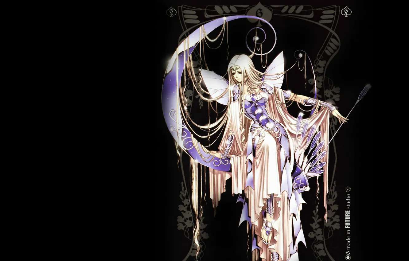 Wallpaper decoration, wings, black background, arrows, goddess, Artemis ...