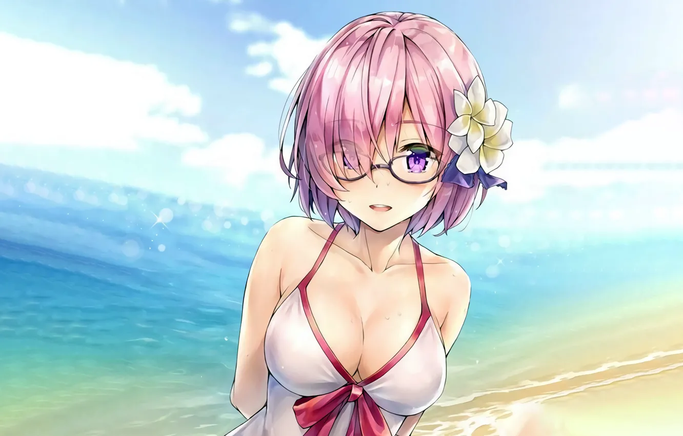 Wallpaper girl, sexy, cleavage, beach, blouse, pink hair, sea, boobs for mobile and desktop ...