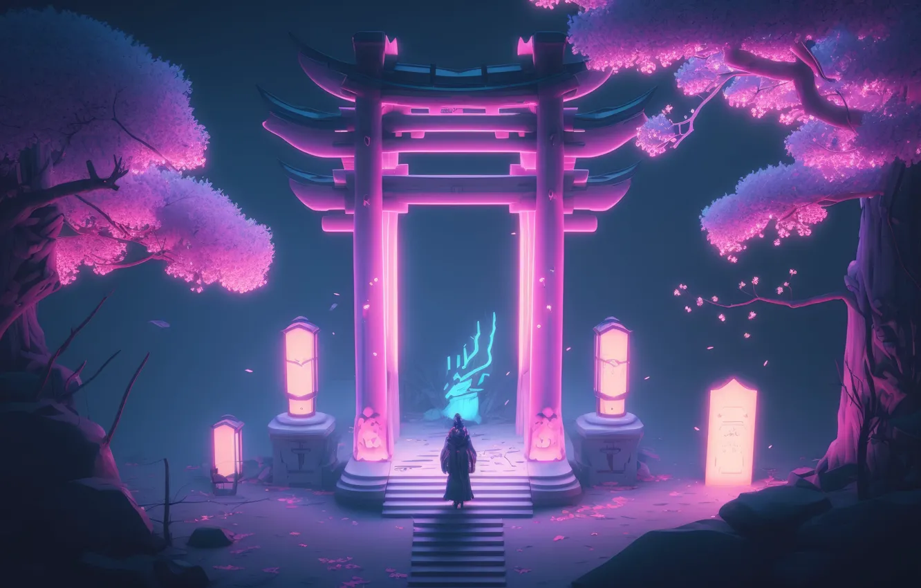 Wallpaper night, fiction, neon, Japan, Sakura, arch, pink light, a ...