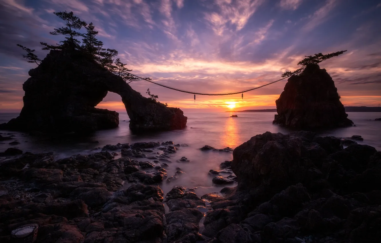 Wallpaper sea, sunset, stones, rocks, Japan, Japan, The sea of Japan ...