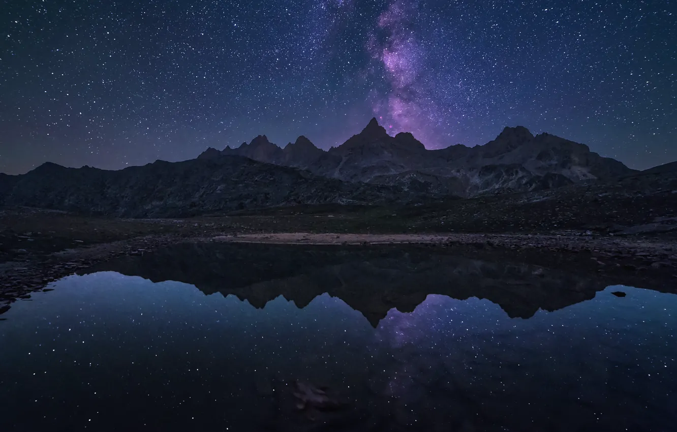 Wallpaper stars, mountains, night, lake, reflection, rocks, shore, tops ...