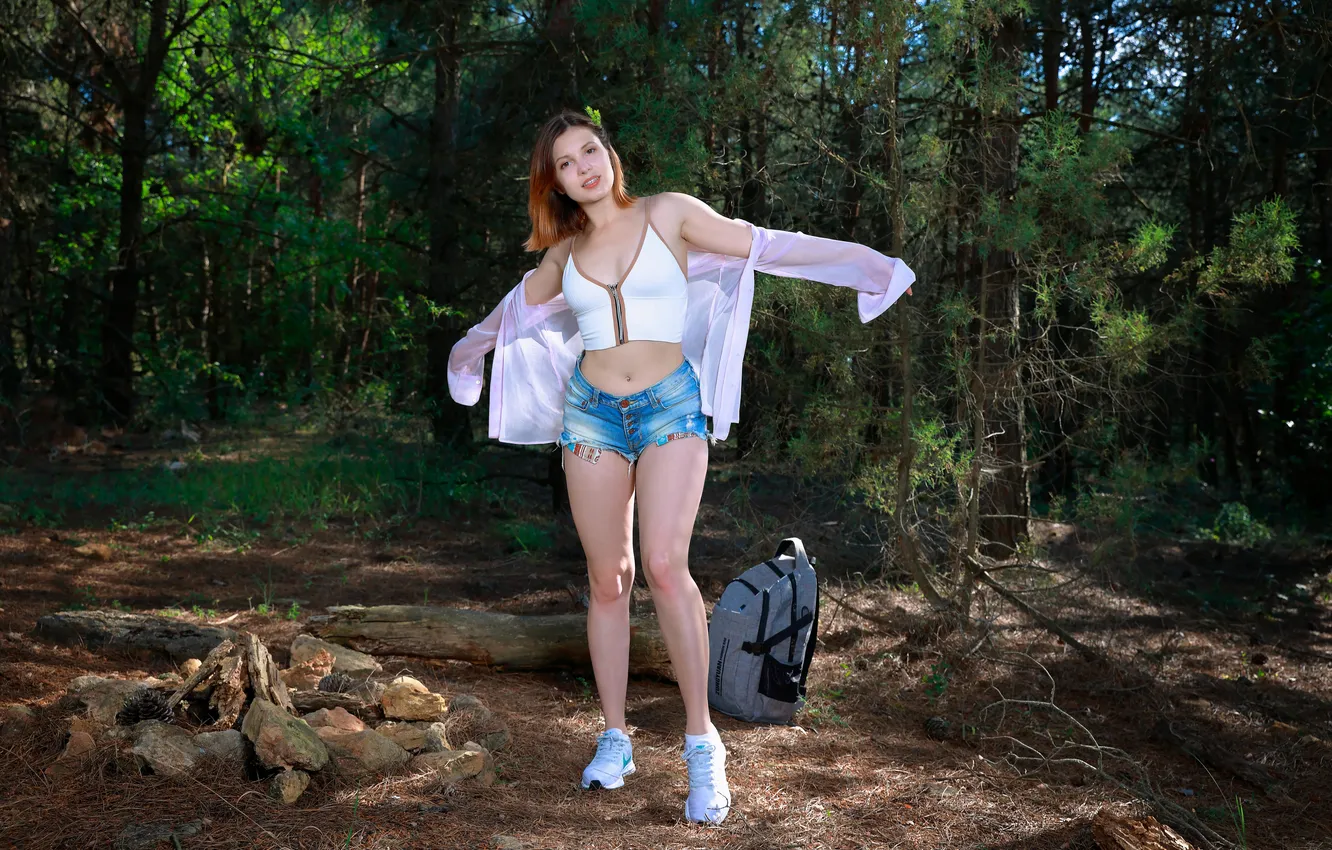 Wallpaper forest, trees, nature, brunette, gorgeous, posing, beautiful face, vest for mobile and ...