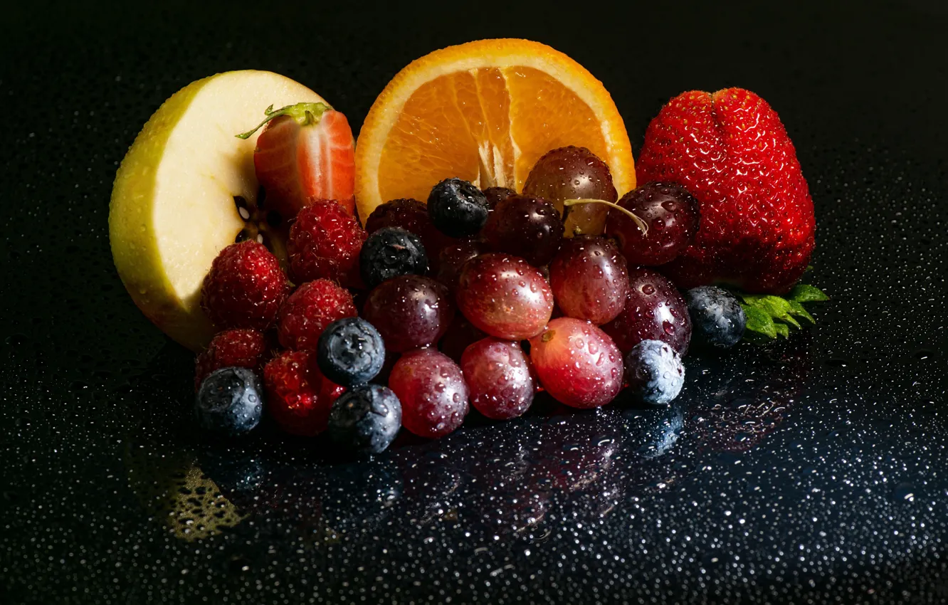 Wallpaper drops, berries, raspberry, Apple, orange, blueberries ...