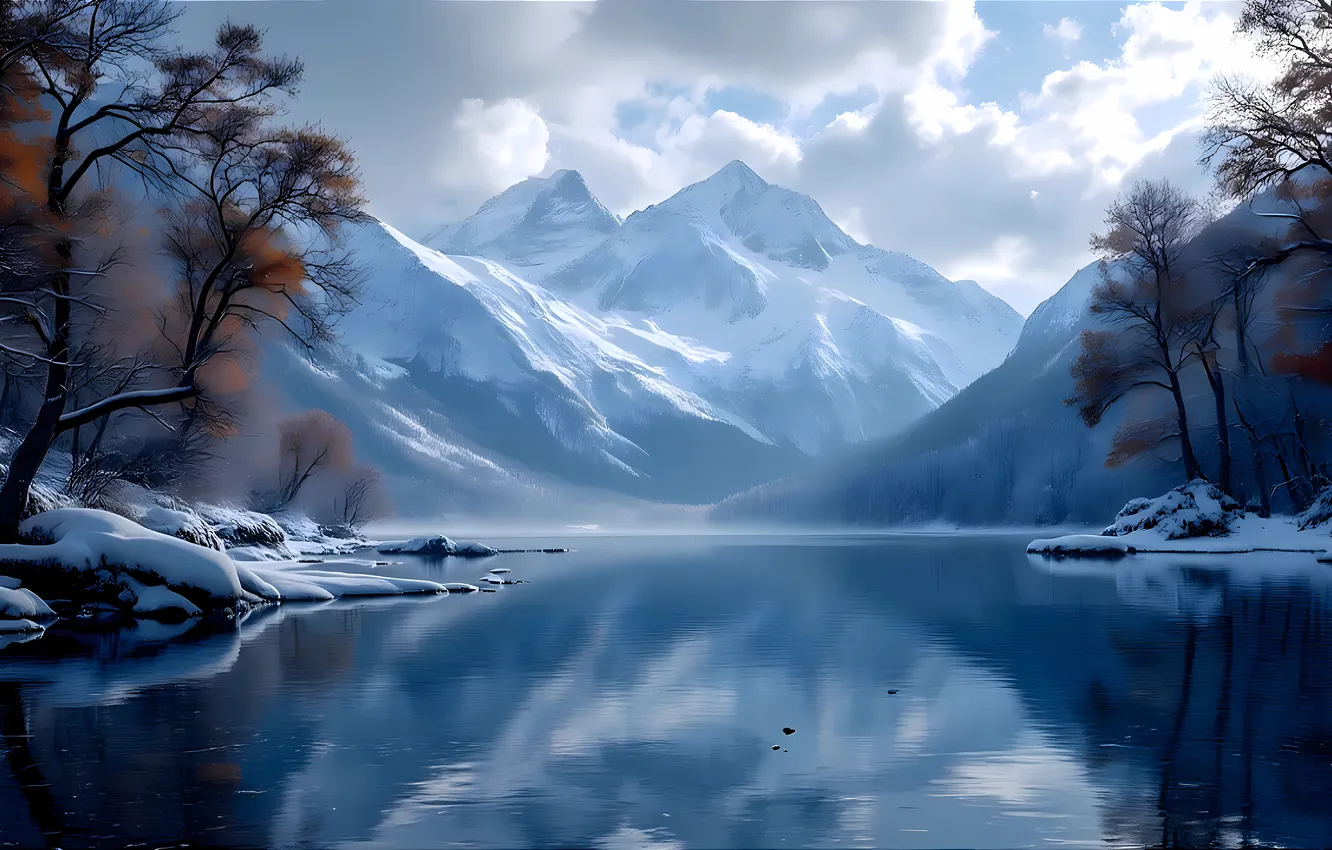 Wallpaper Clouds, Winter, Mountains, Trees, River, Snow, Digital art ...