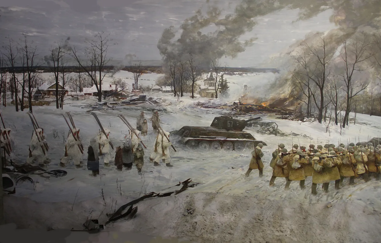 Wallpaper winter, snow, war, picture, soldiers, tank, Moscow, the plane ...