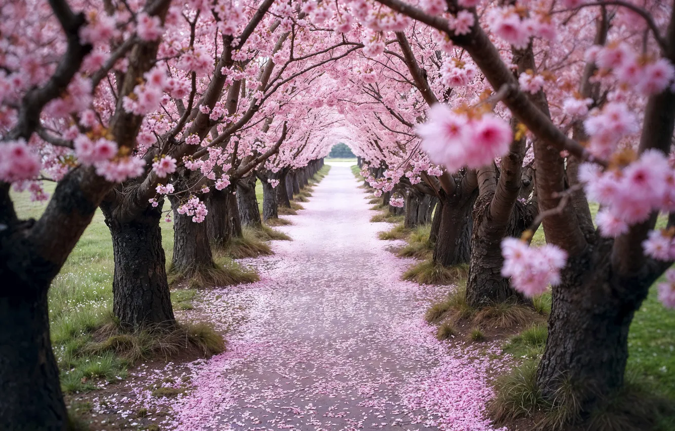 Wallpaper trees, Park, spring, Sakura, alley, flowering, trees, pink ...