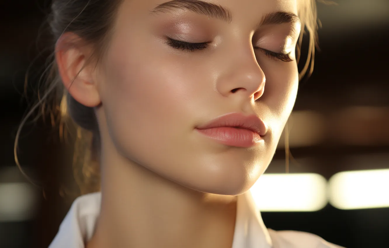 Wallpaper girl, light, close-up, face, portrait, makeup, closed eyes, AI art for mobile and ...