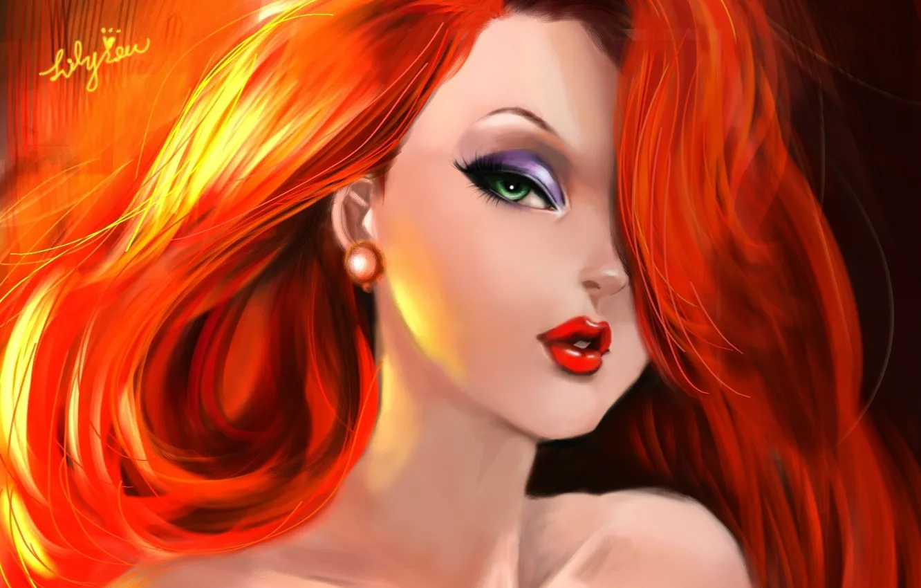 Wallpaper look, girl, makeup, art, red hair, green eyes, Jessica Rabbit ...