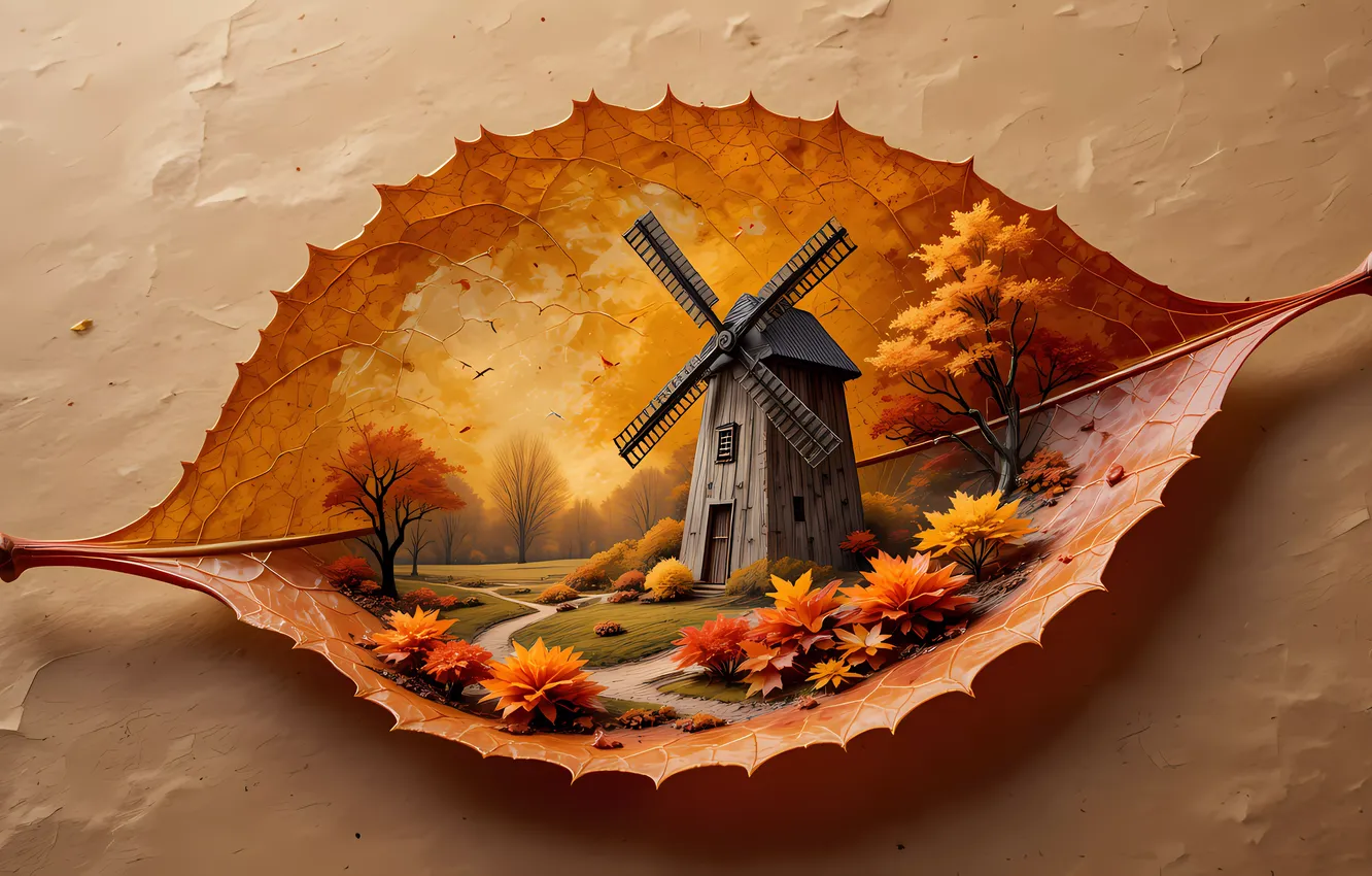 Wallpaper autumn, trees, leaf, mill, beige background, windmill, autumn ...
