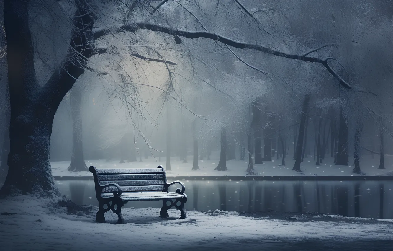 Wallpaper winter, snow, bench, night, Park, night, park, winter for ...