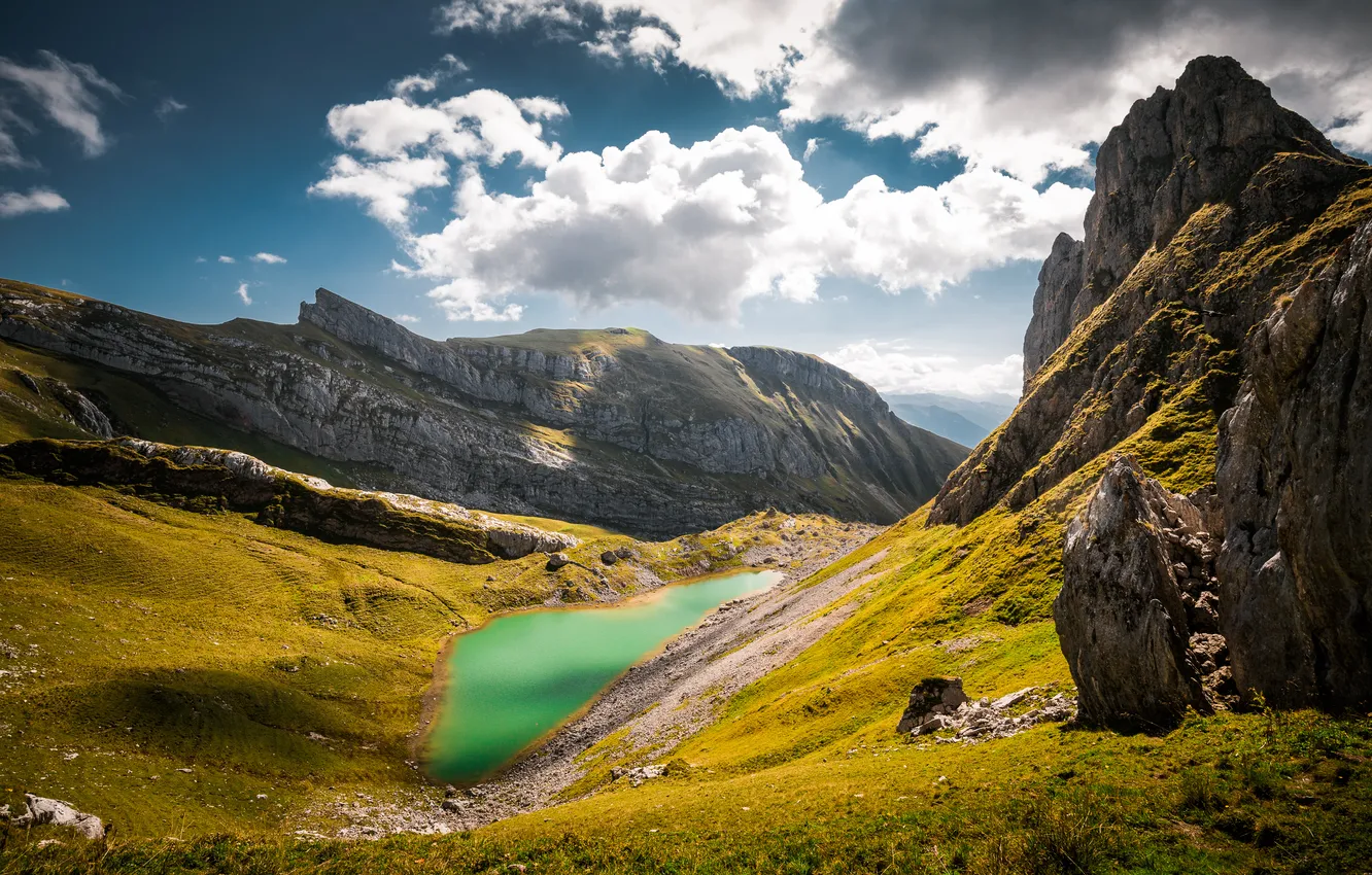 Wallpaper clouds, light, mountains, lake, stones, rocks, shore, view ...