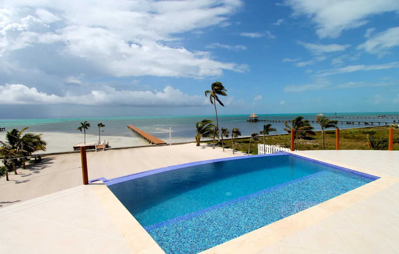 Wallpaper palm trees, the ocean, coast, pool, resort, piers, Belize ...