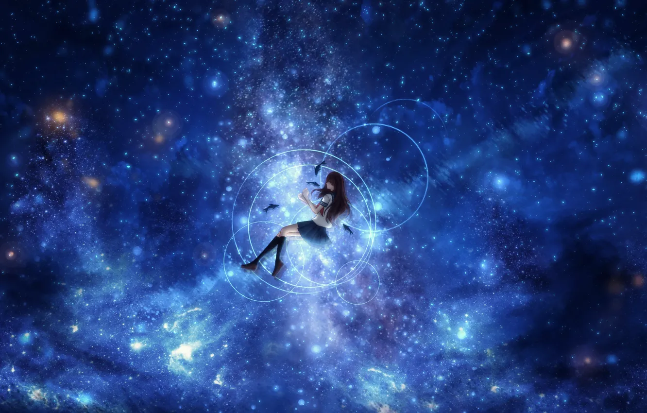 Wallpaper the sky, water, girl, fish, night, reflection, school uniform ...