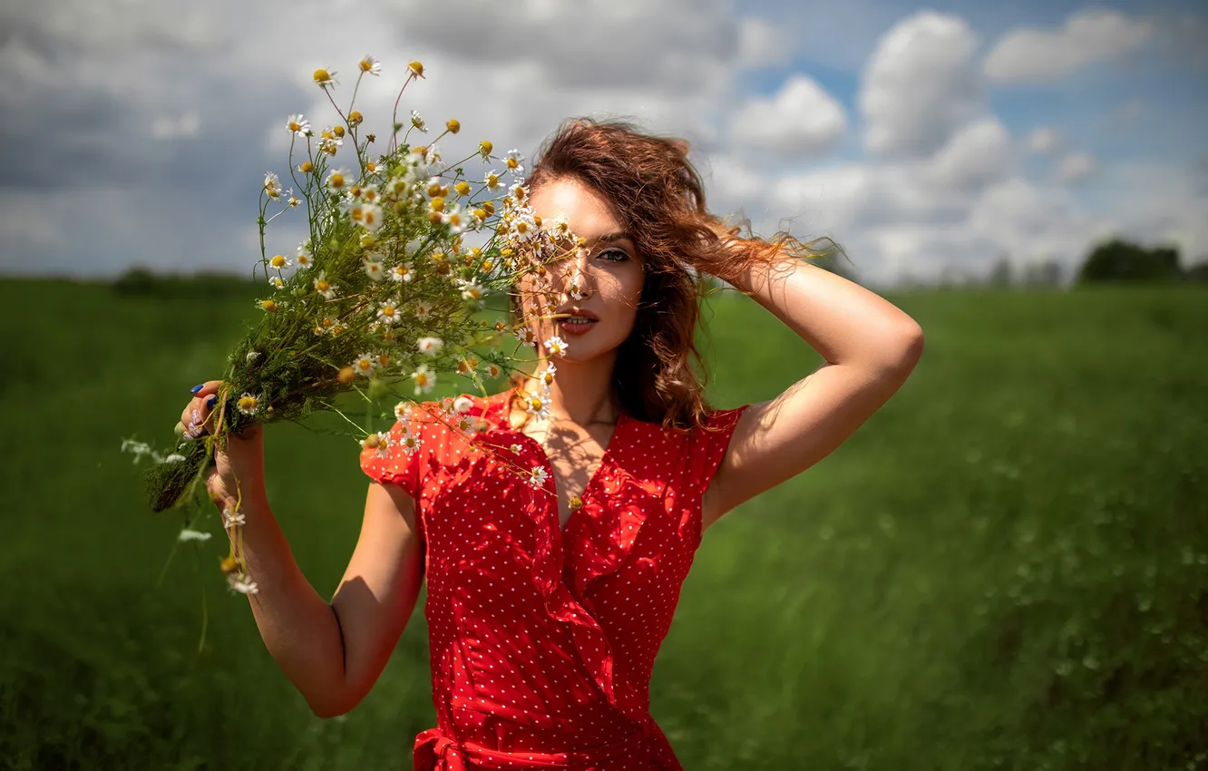Wallpaper summer, girl, flowers, pose, chamomile, hands, red, curls for ...