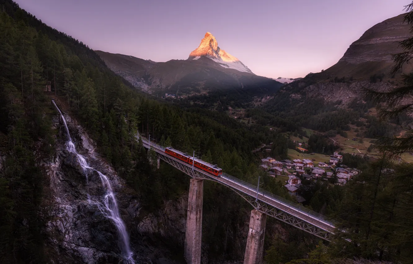 Wallpaper forest, mountains, bridge, train, height, waterfall, railroad ...