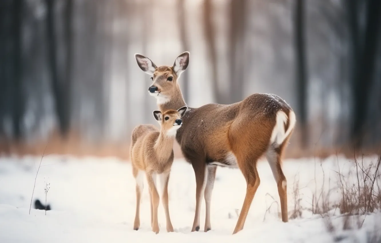 Wallpaper winter, forest, snow, deer, fawn for mobile and desktop ...