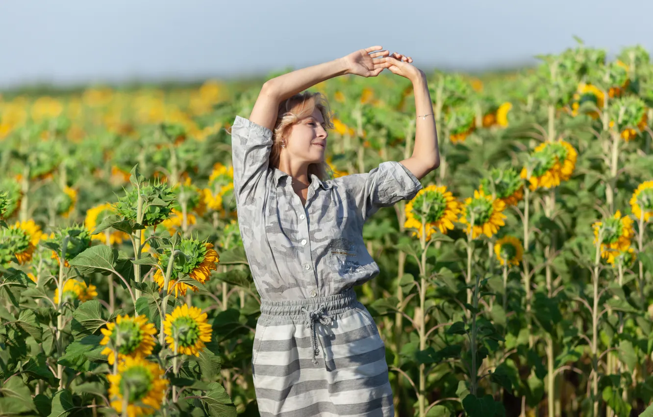 Wallpaper field, nature, model, countryside, posing, sunflowers ...