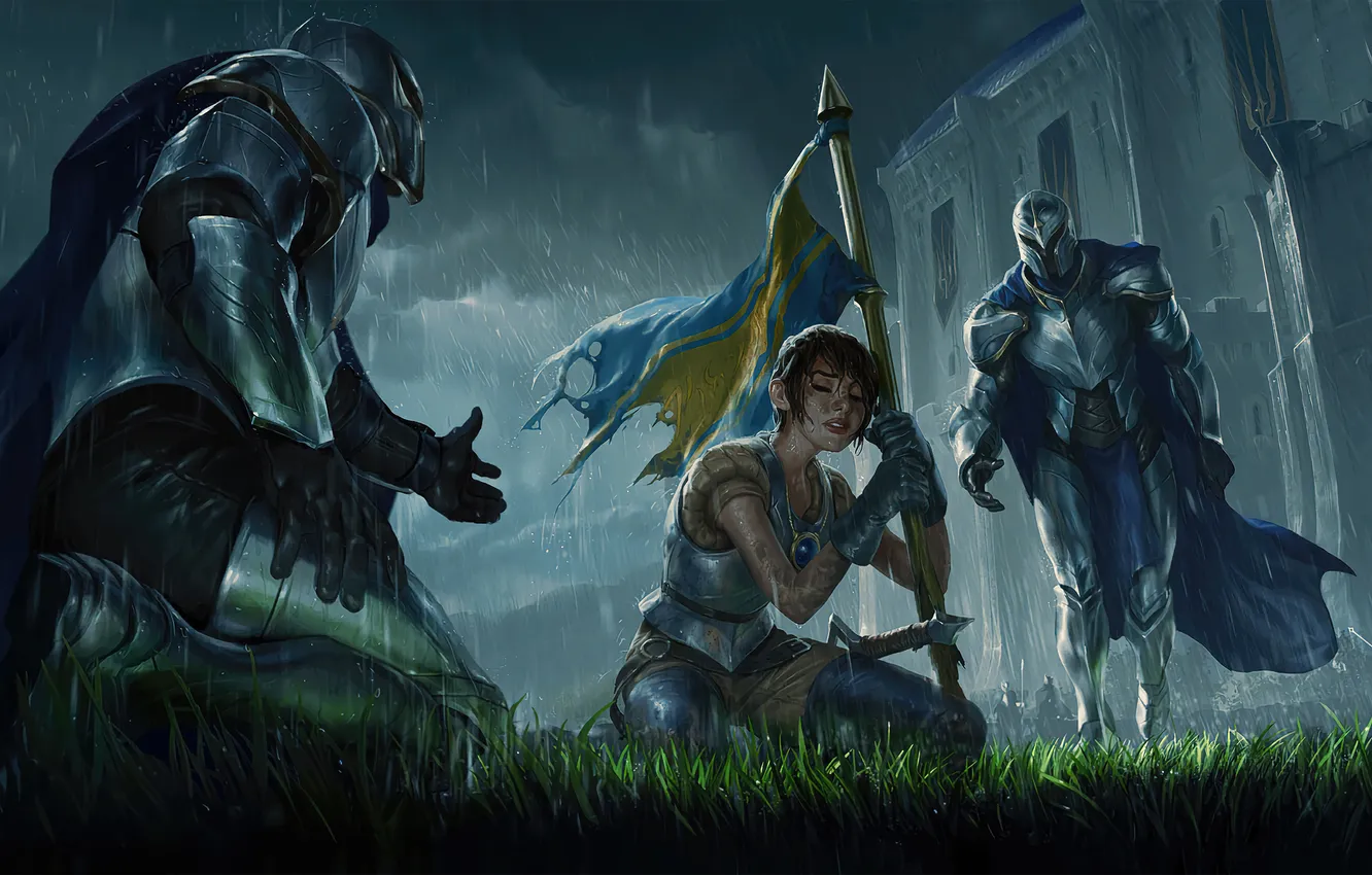 Wallpaper girl, rain, flag, armor, League of Legends, LOL, game art ...
