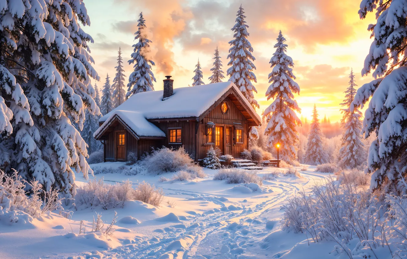 Wallpaper winter, forest, snow, tree, house, house, hut, forest for ...