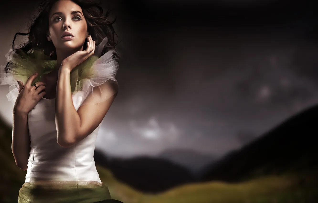 Wallpaper the sky, look, girl, the wind, brown hair, bad weather, lace ...