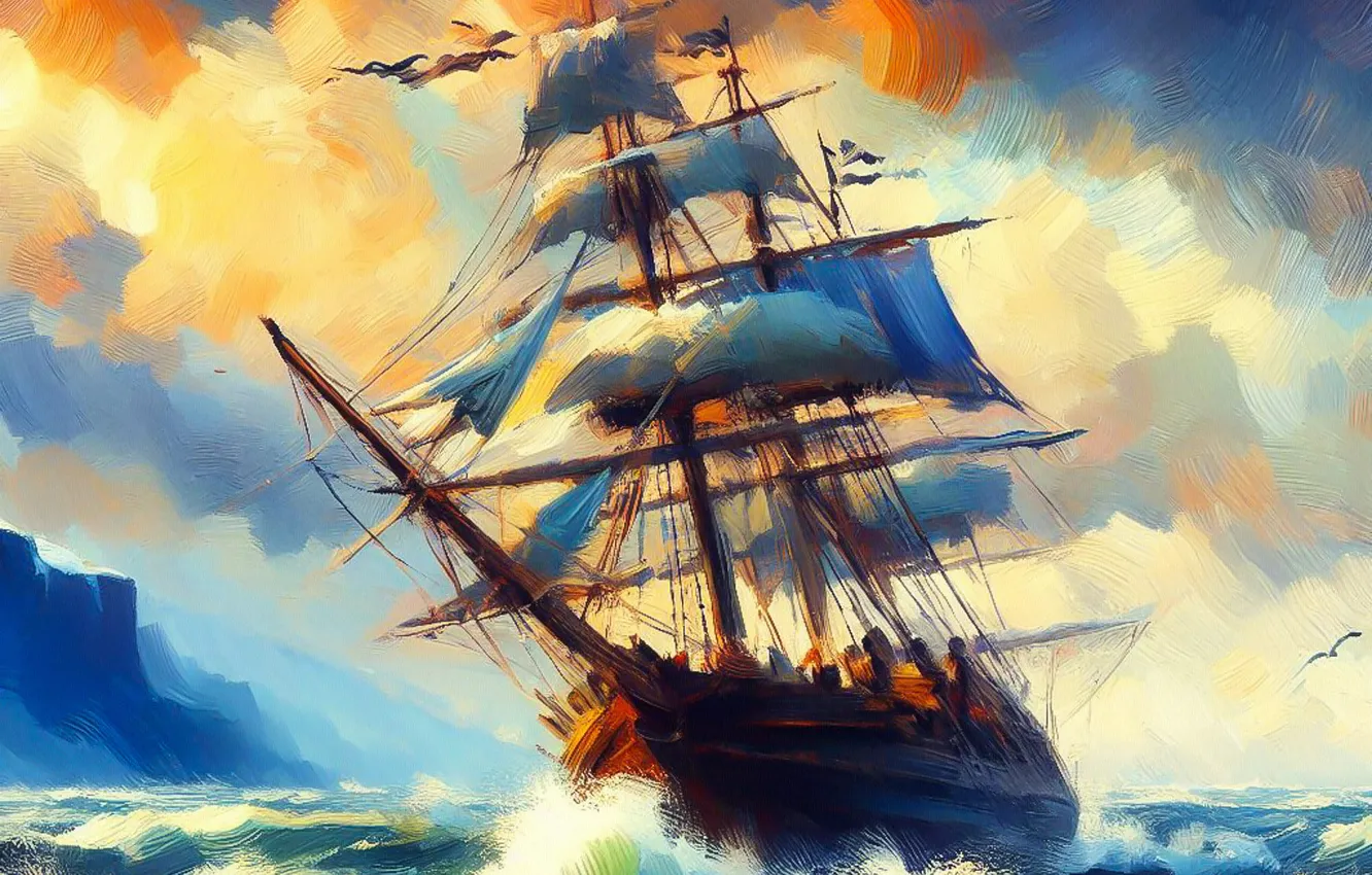 Wallpaper sea, wave, the sky, clouds, sunset, rocks, the wind, paint ...