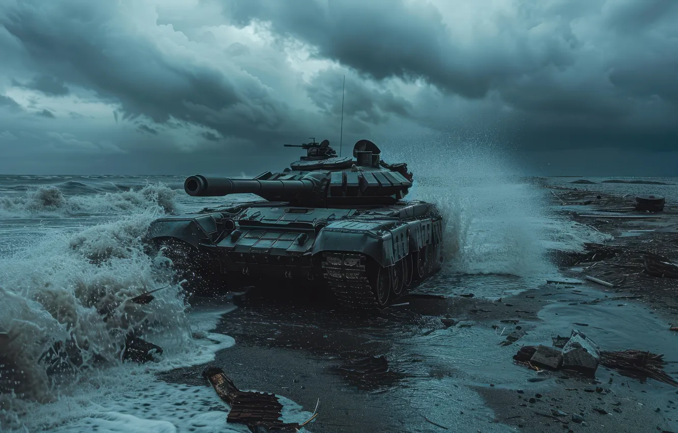 Wallpaper wave, clouds, coast, tank, trunk, front, digital art, AI art ...