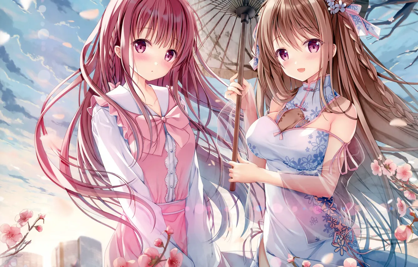 Wallpaper Girl Sexy Cleavage Pink Hair Long Hair Dress Brown Hair