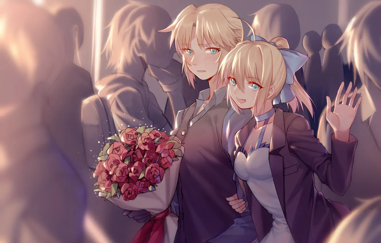 Wallpaper roses, bouquet, anime, art, two, saber, fate/stay night, fate ...