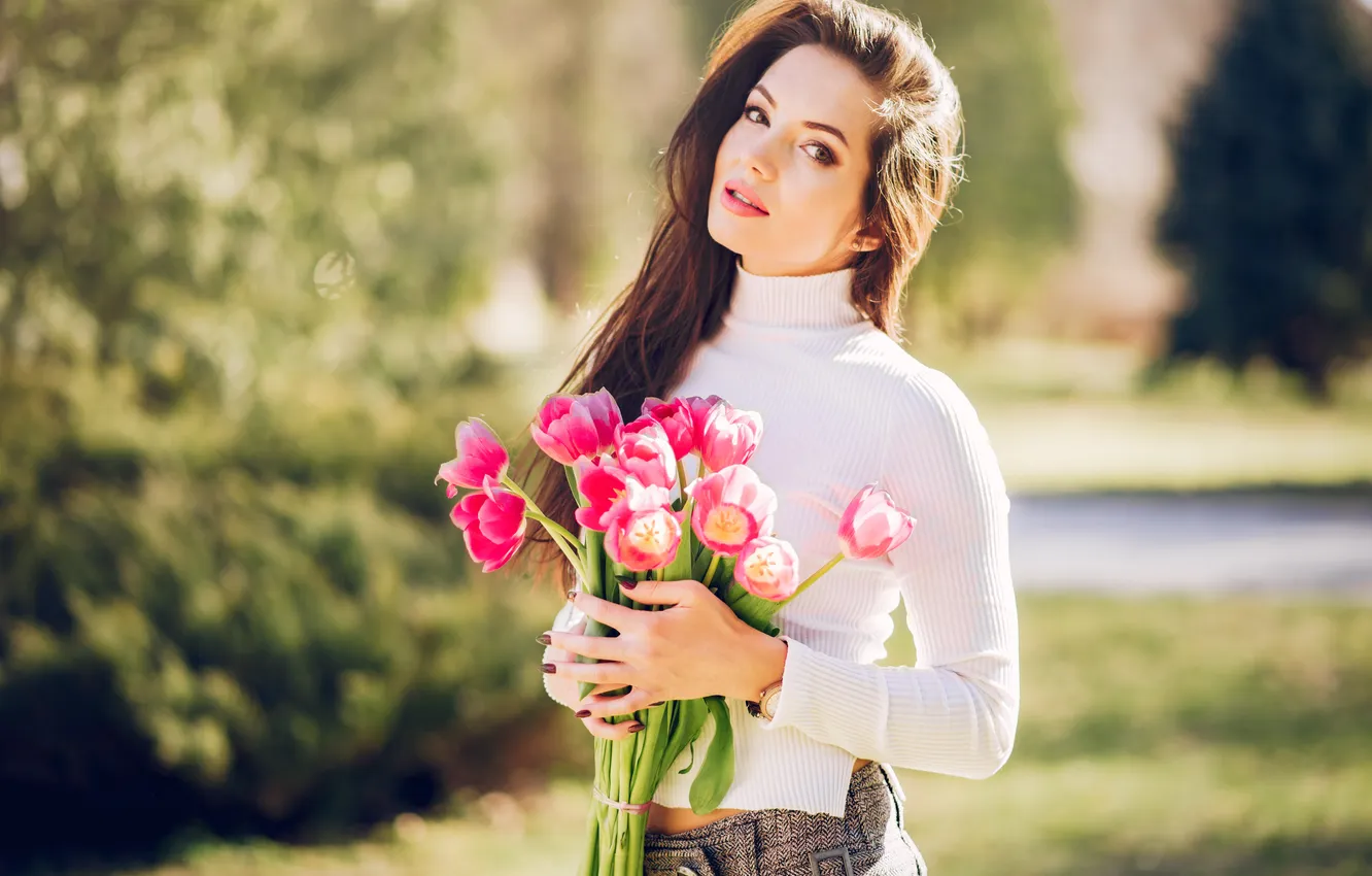 Wallpaper girl, flowers, beautiful, model, bouquet, cute, long-haired ...