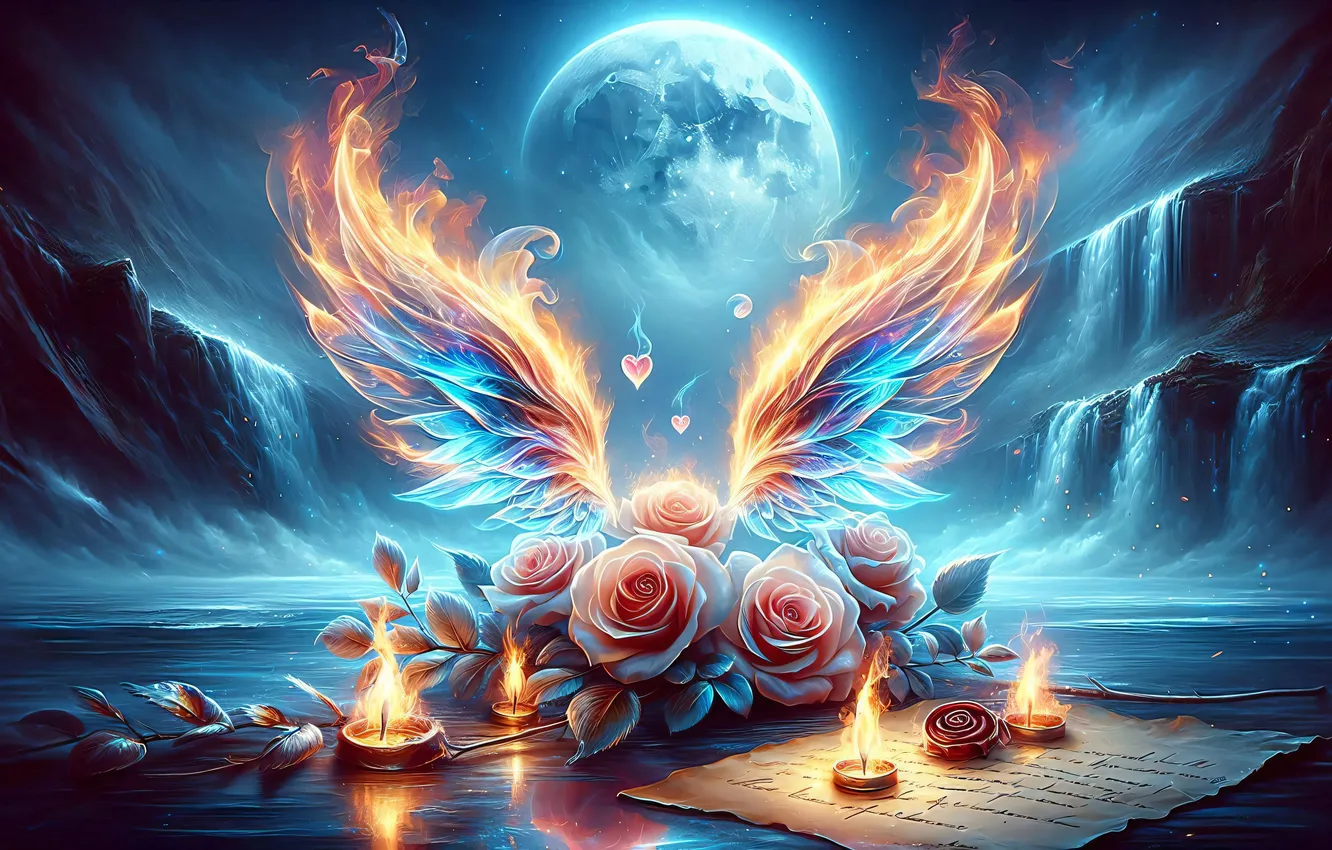 Wallpaper fire, flame, the moon, waterfall, roses, wings, beauty, candles for mobile and desktop ...