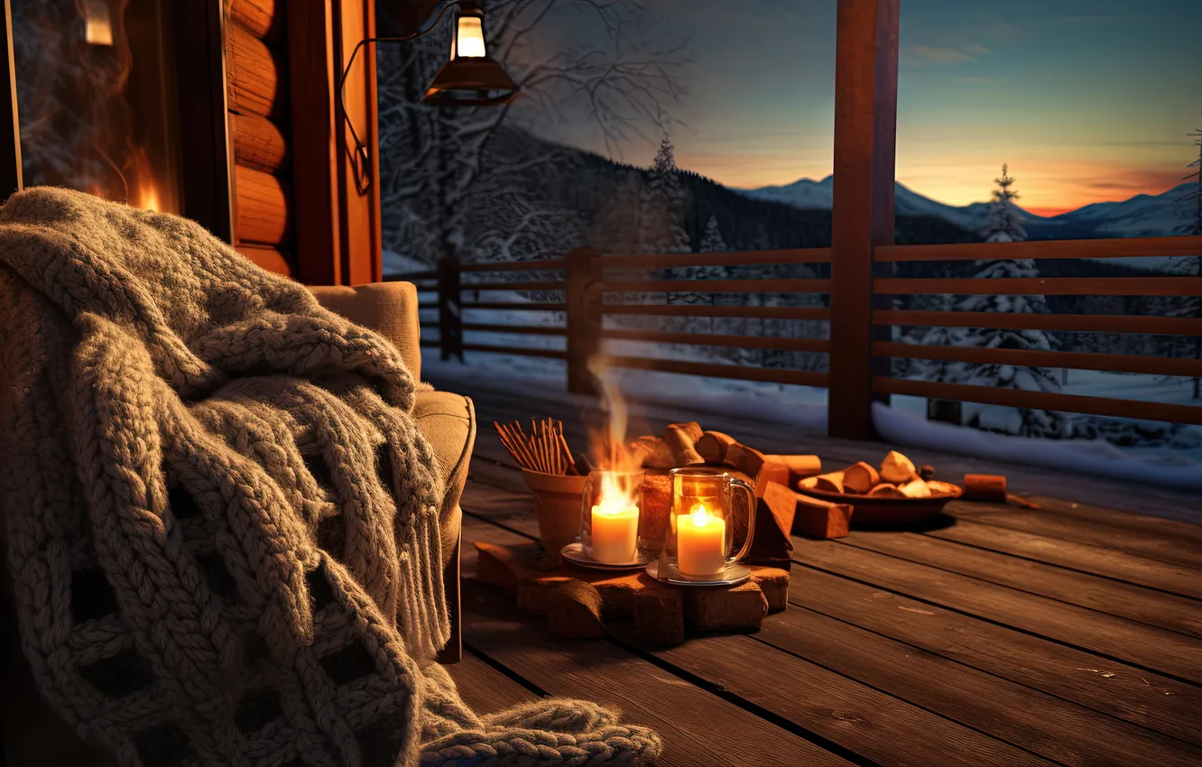 Wallpaper winter, snow, mountains, nature, comfort, candles, plaid ...