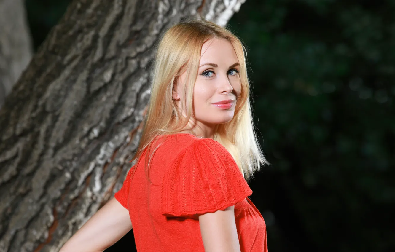 Wallpaper trees, smile, red dress, Maria Rubio for mobile and desktop ...