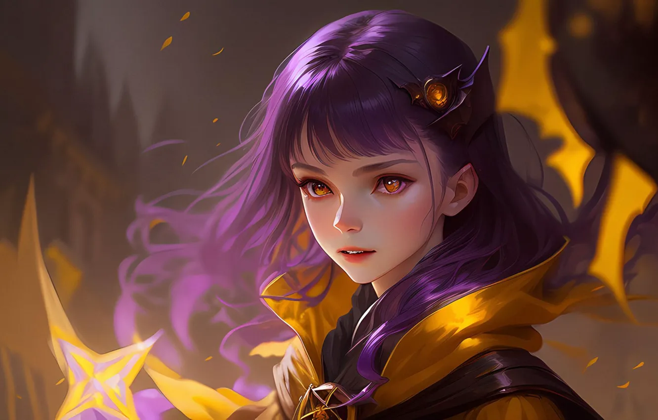 Wallpaper Portrait Bokeh Yellow Eyes Digital Art Purple Hair Cute Girl Digital Art