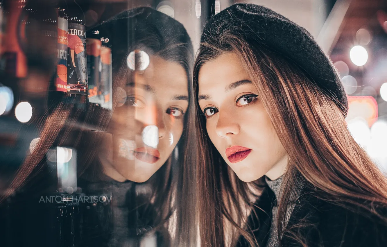 Wallpaper look, glass, girl, face, reflection, portrait, sponge, long ...