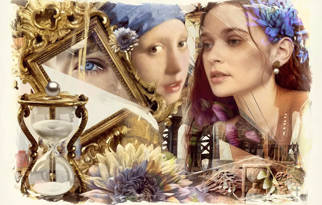 Wallpaper girl, collage, picture, frame, art, hourglass, Dahlia images ...