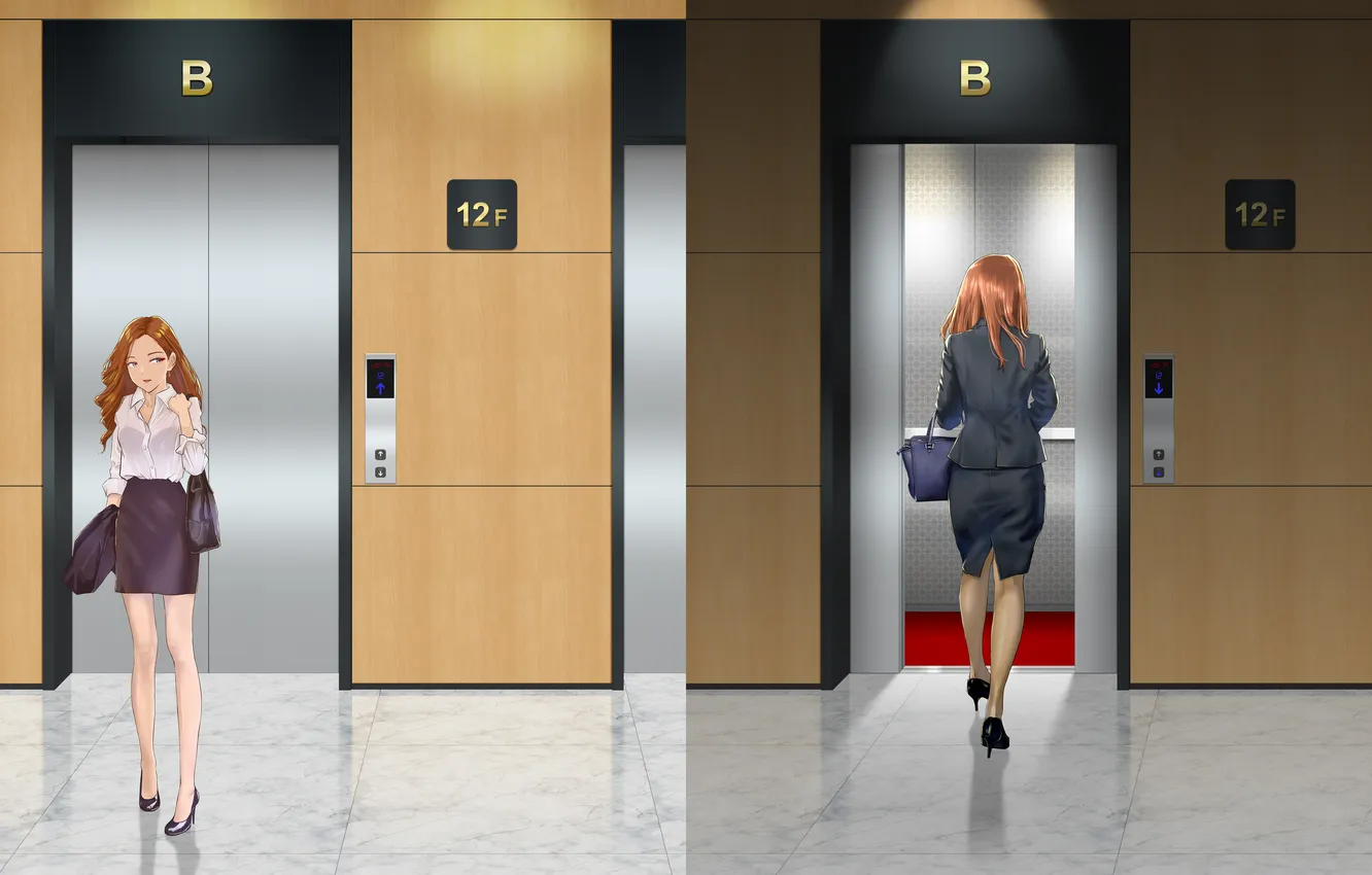 Wallpaper girl, woman, office, elevator, office lady, office girl, go ...