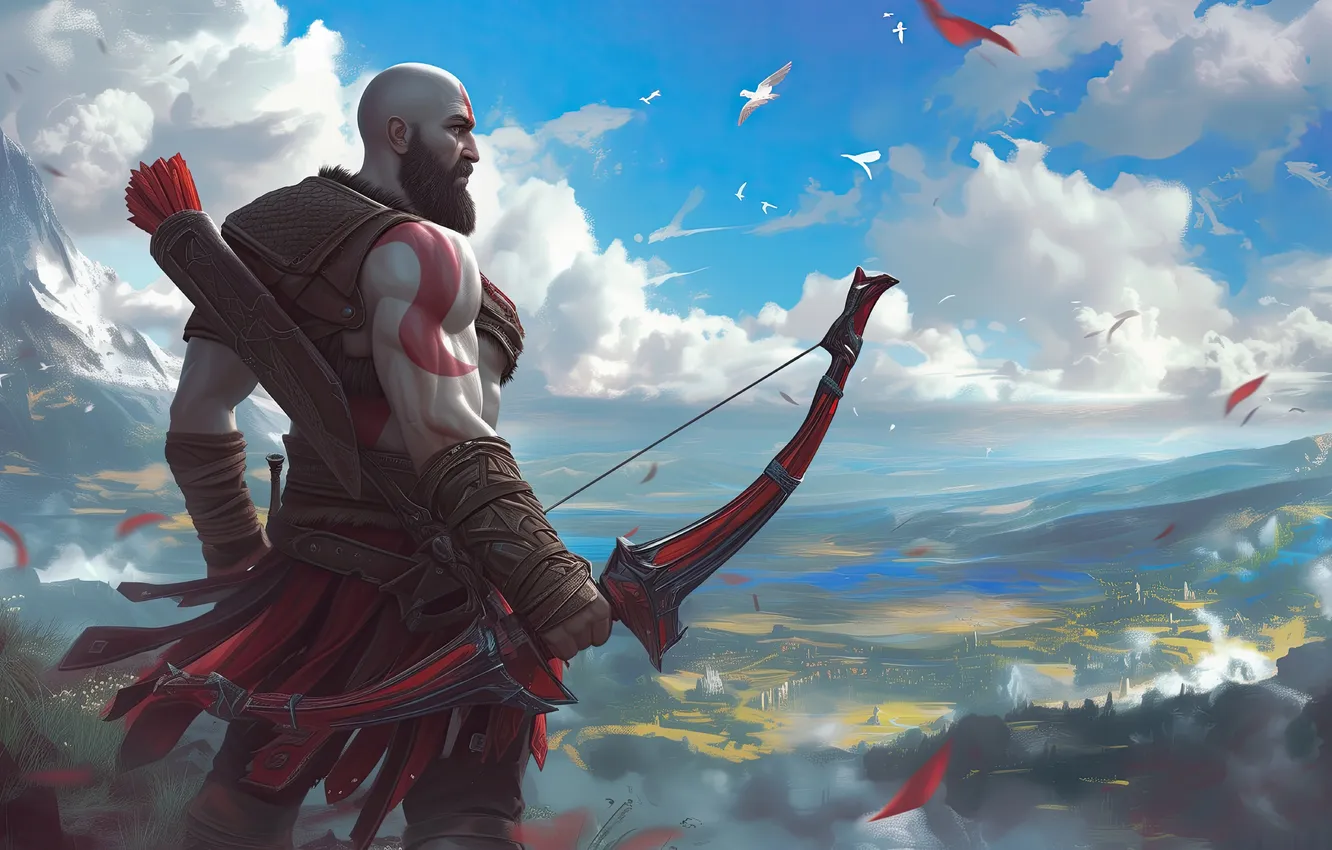 Wallpaper city, Sony, Ragnarok, sky, weapon, Kratos, bird, God of War ...