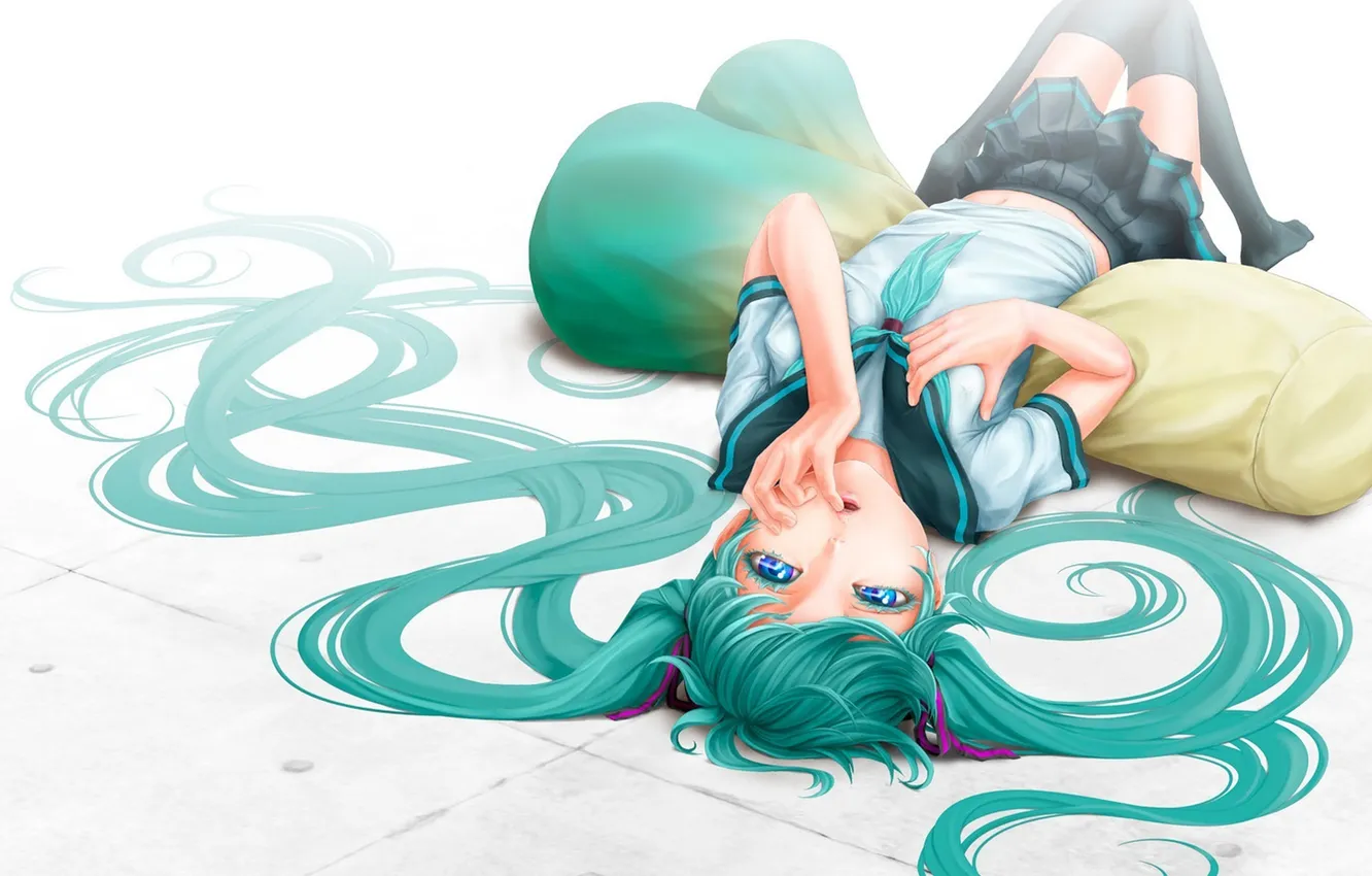 Wallpaper girl, skirt, stockings, pillow, navel, hatsune miku, school uniform, Vocaloid for ...