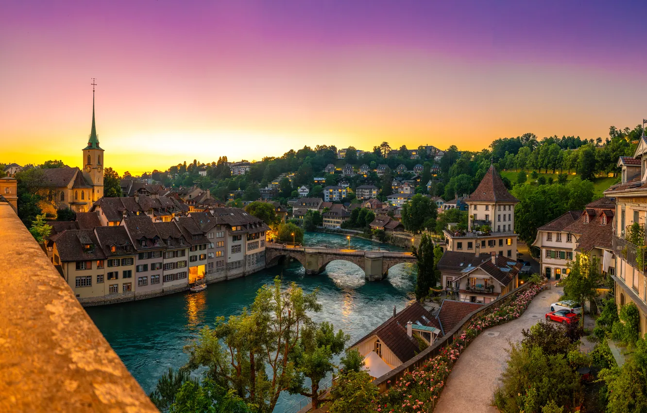 Wallpaper sunset, bridge, river, building, home, Switzerland ...