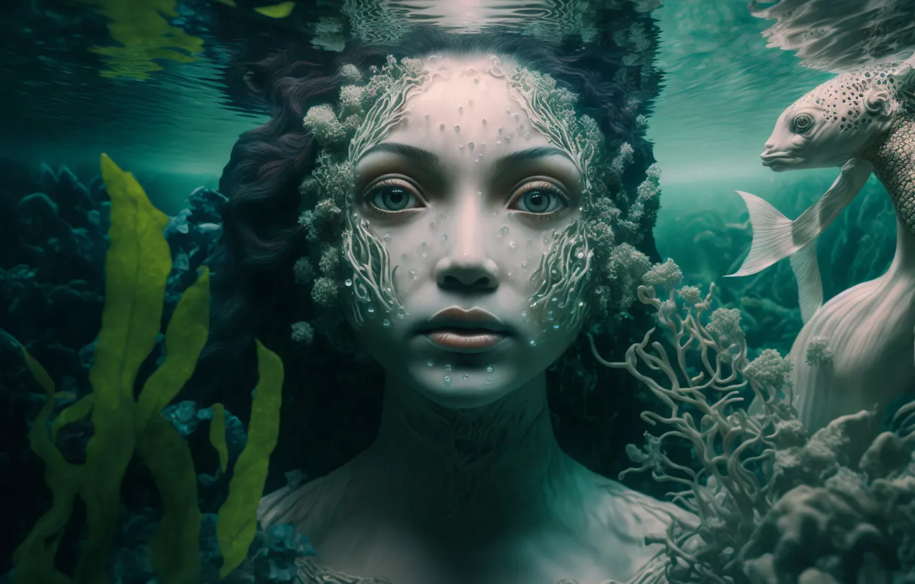 Wallpaper look, water, girl, face, mermaid, fish, underwater world for ...