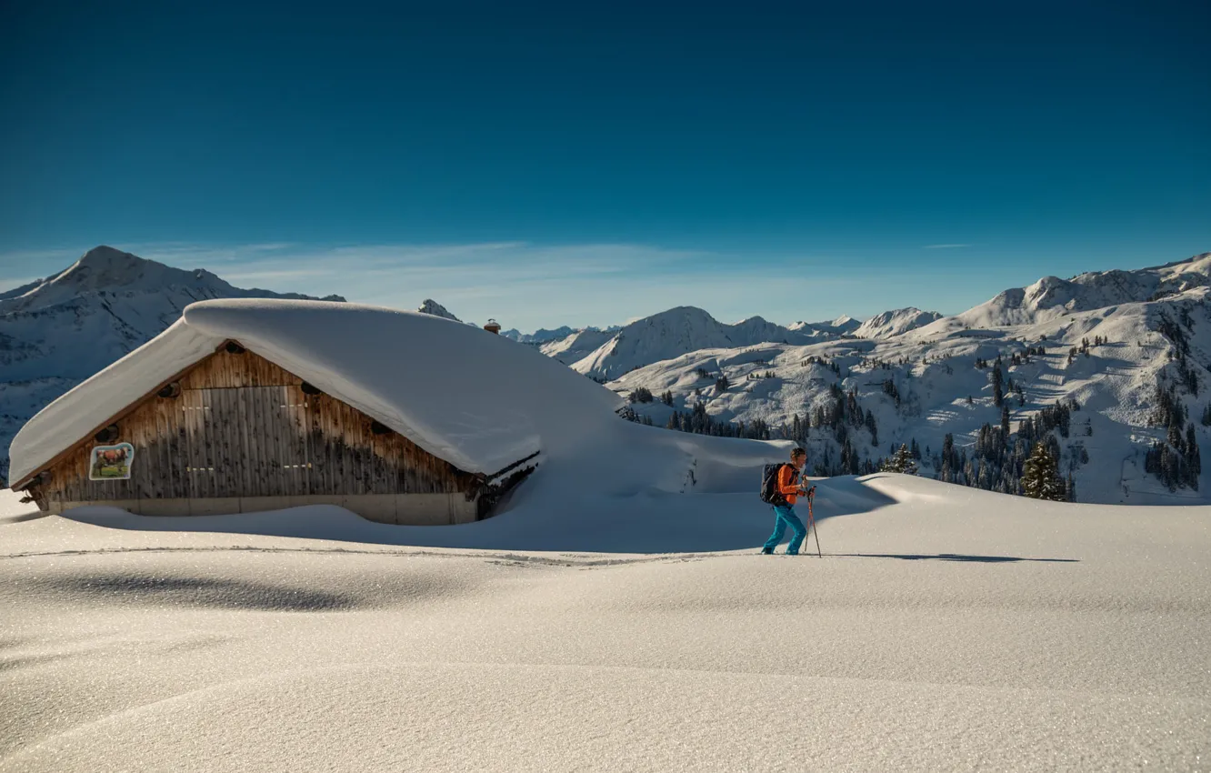 Wallpaper winter, roof, forest, the sky, clouds, snow, mountains, blue ...