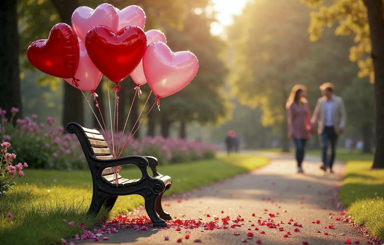 Wallpaper love, bench, Park, balloons, romance, heart, pair, love for ...