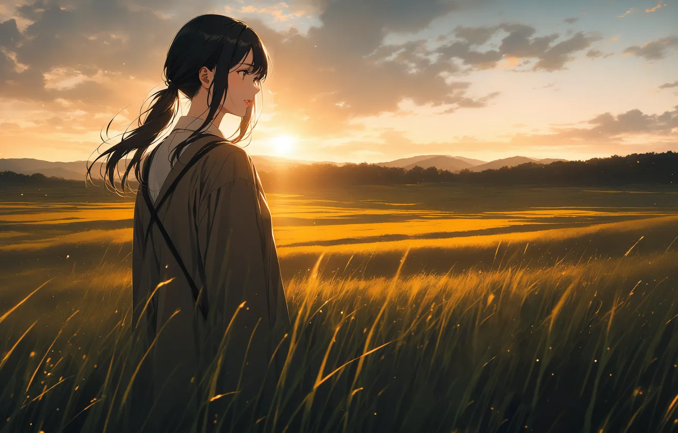 Wallpaper field, girl, the sun, anime, girl, field, woman, anime for ...